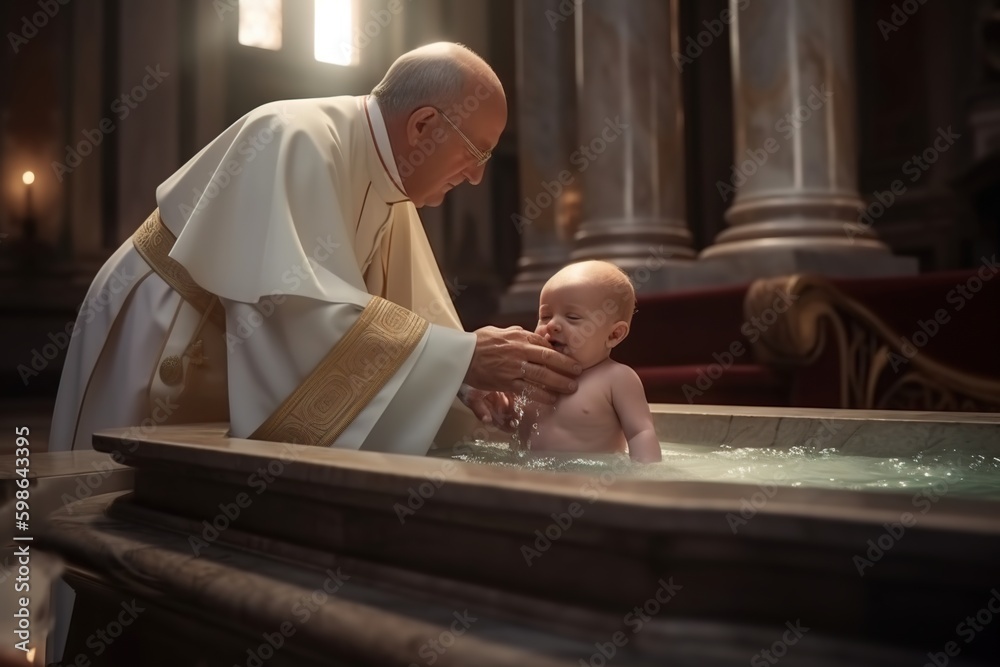 The priest baptizes the baby in the temple, dipping him into the font ...