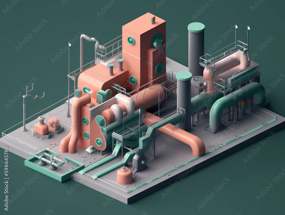 Isometric view of the exterior of a factory building with exposed ...