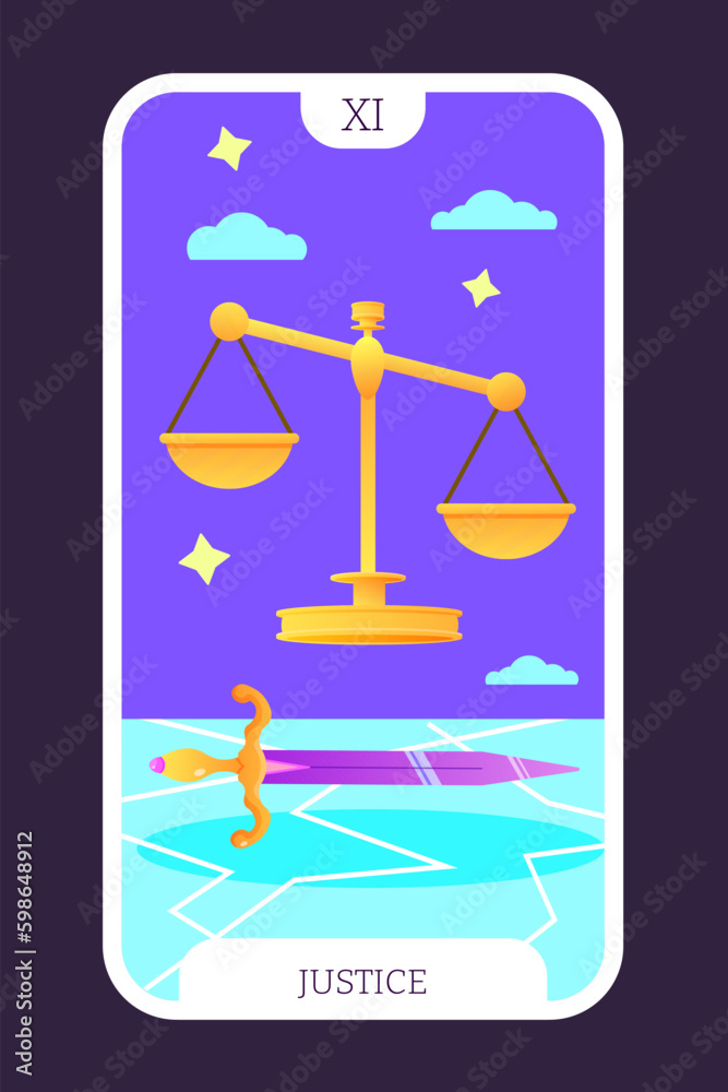 The Justice tarot cartoon flat card template major arcana. Taro vector ...