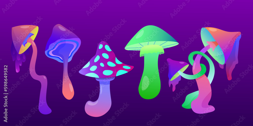 Mushrooms fantasy hallucinogenic cartoon psychedelic fairytale set ...