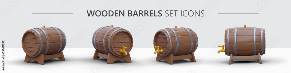 3D set of beer barrels. Wooden barrels with taps, on stands. Realistic ...