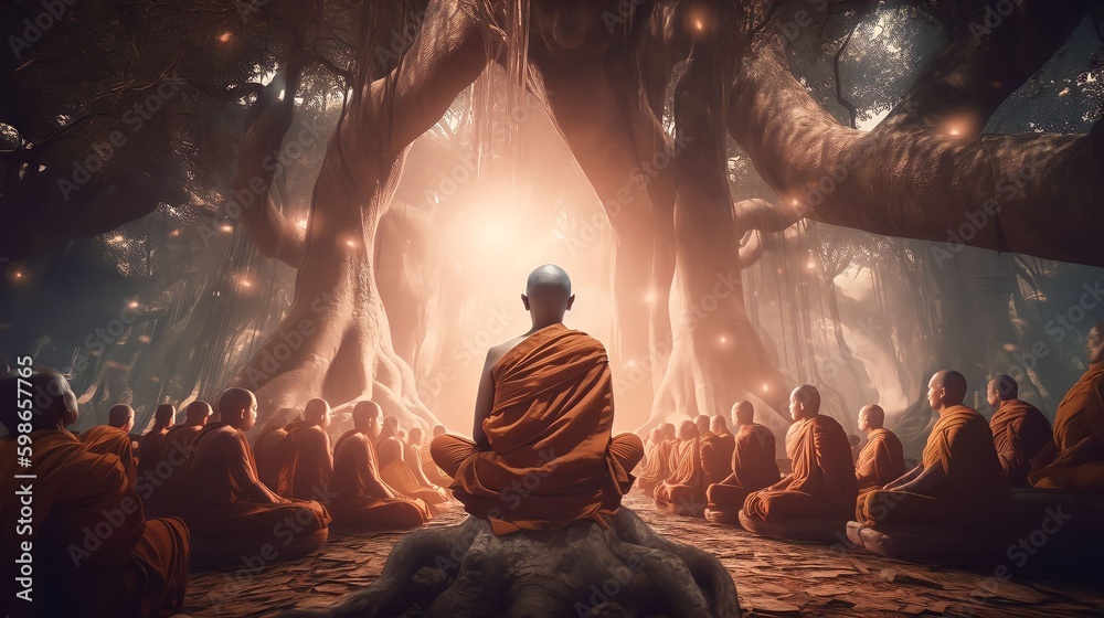 Fantasy Lord of Buddha Enlightenment meditating sitting with crowd of ...