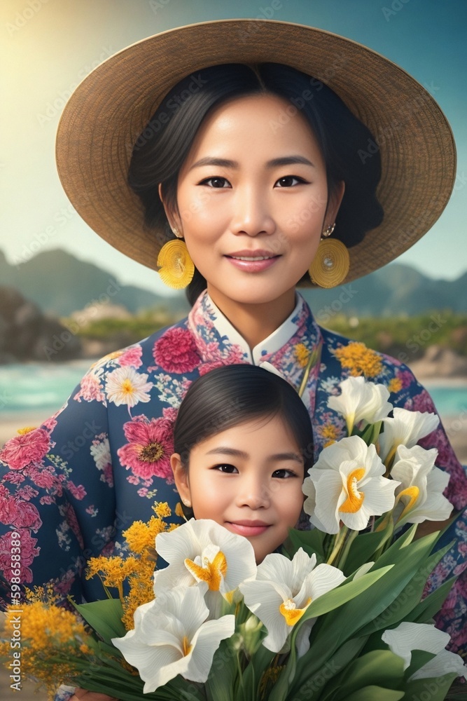Portrait Of A Mother With Daughter A Beautiful Asian Mother With Her Young Daughter Pose For A