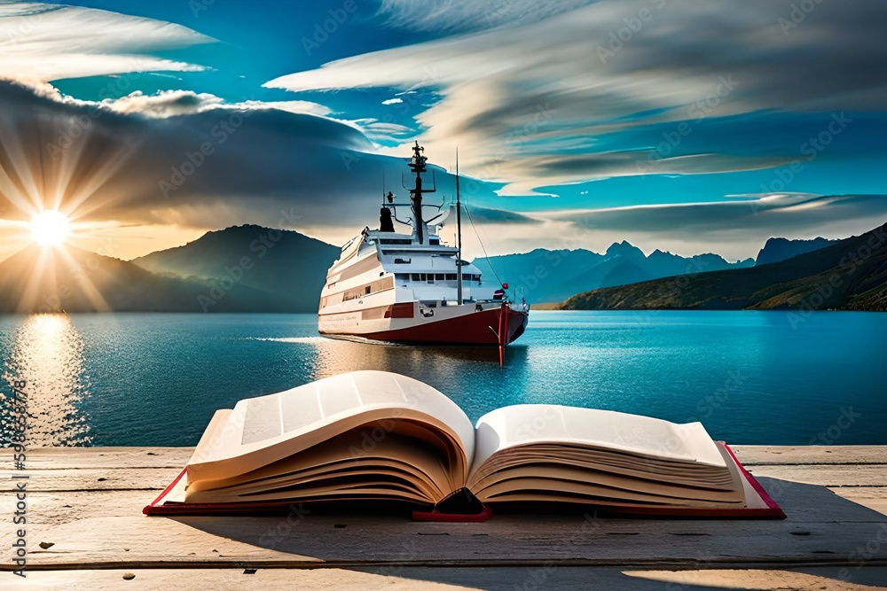 Open book with a boat arriving at the dock in the background ilustração ...