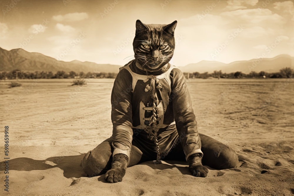 Cat wrestler wearing a wrestling costume 1920s style illustration ...