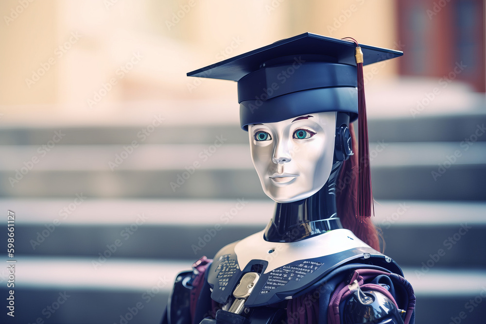 Robot wearing a university graduation cap. Ai learning and education ...