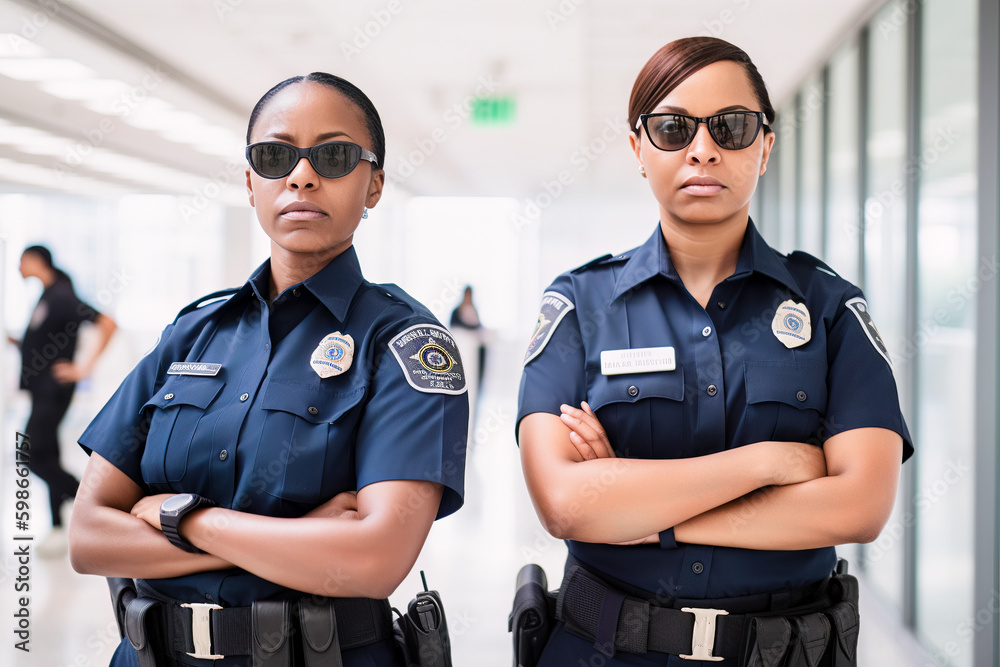 Two female police officer protect a bank inside looking straith to the ...