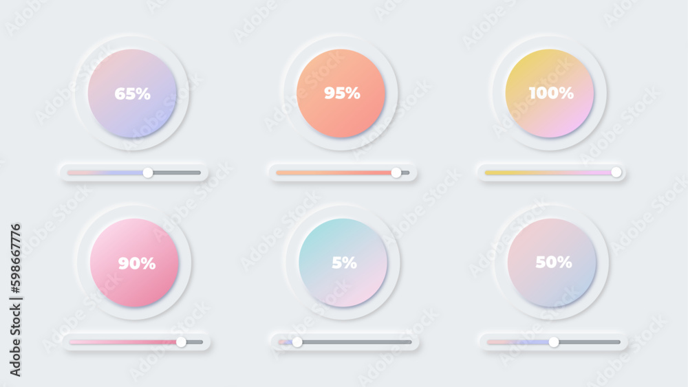 6 Neomorphism Loading Bars. Editable gradient circular loading bars and slider buttons. Vector ...