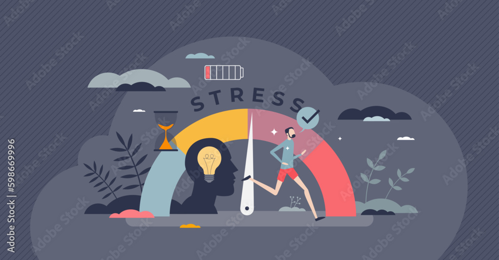 Reducing stress level with sport for mental health tiny person concept. Emotion control with ...