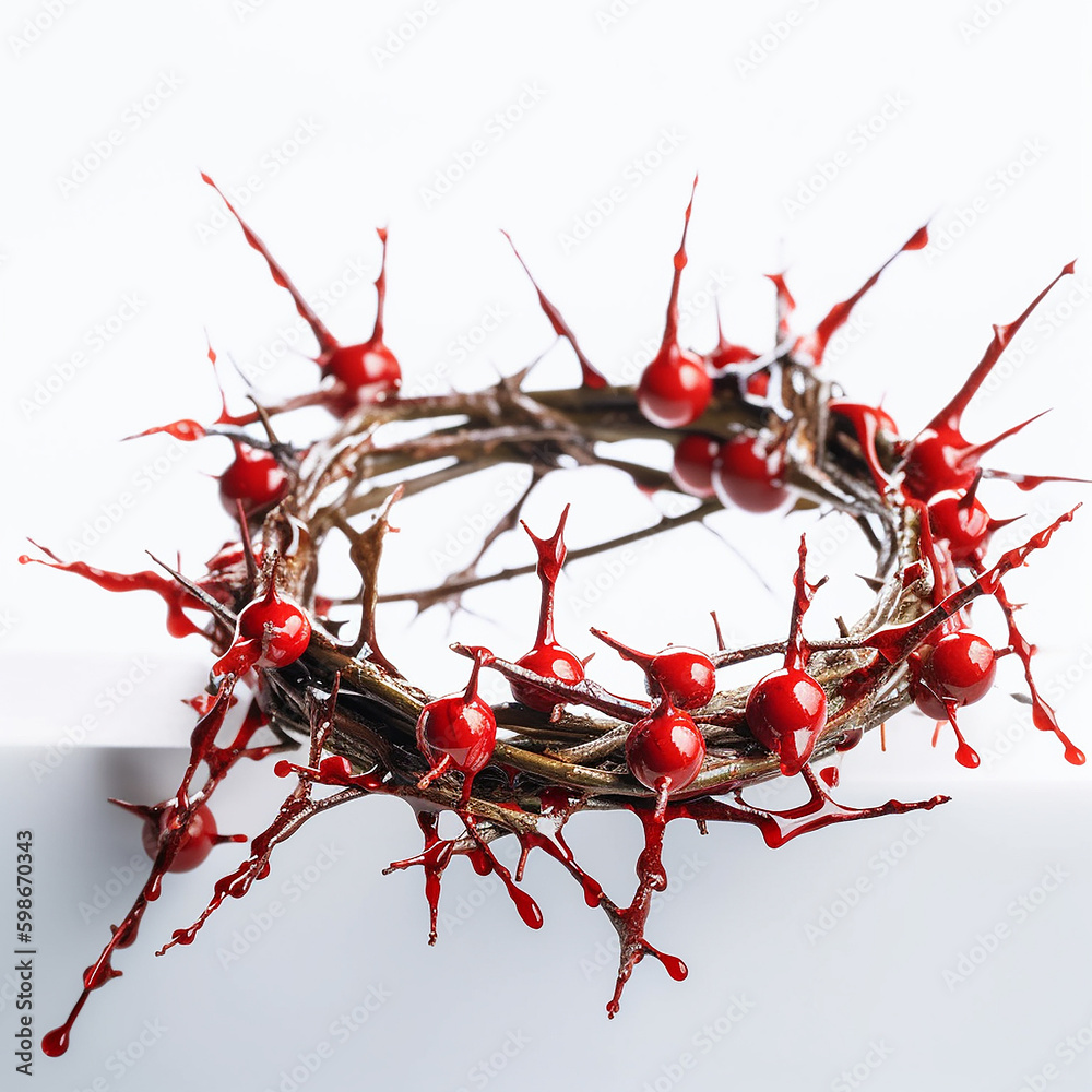 Crown of thorns with thorns and red drops of blood, isolated on white ...
