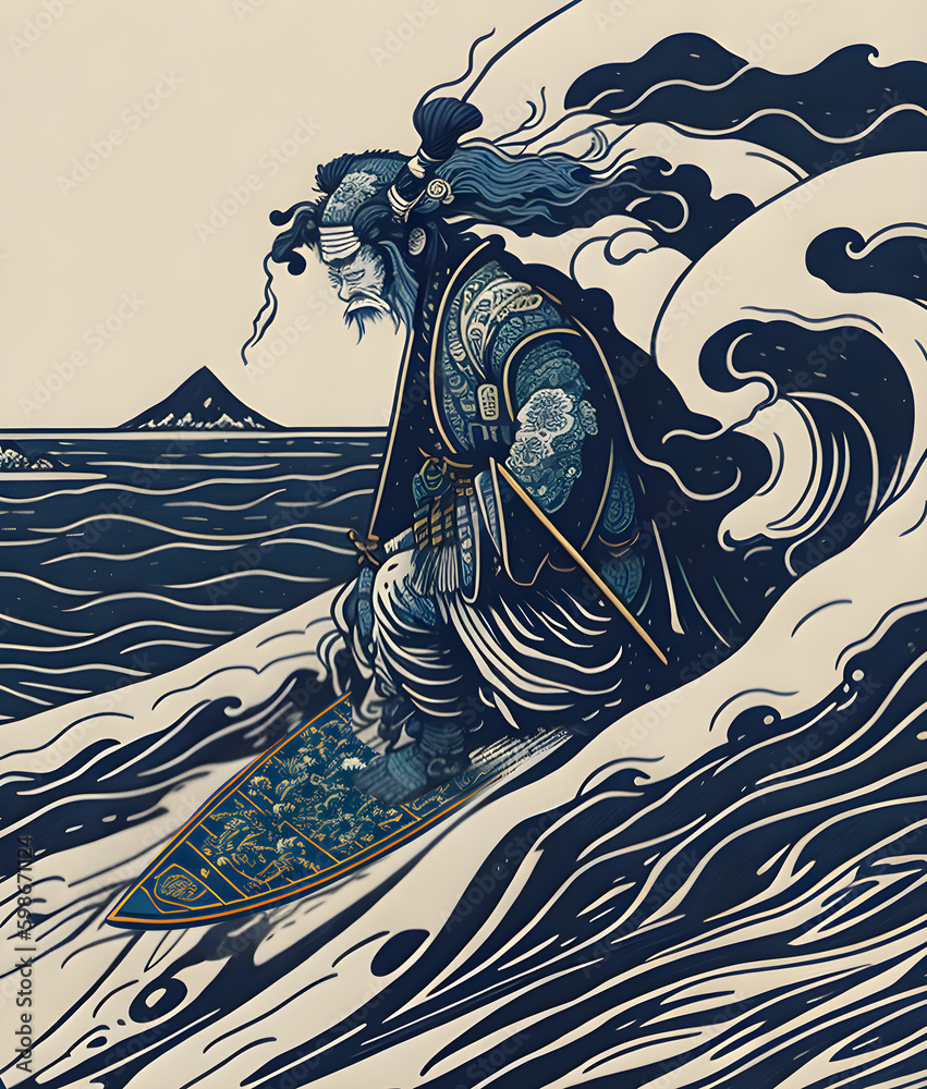 samurai riding a surf board - Drawing Japanese art, great wave painting ...