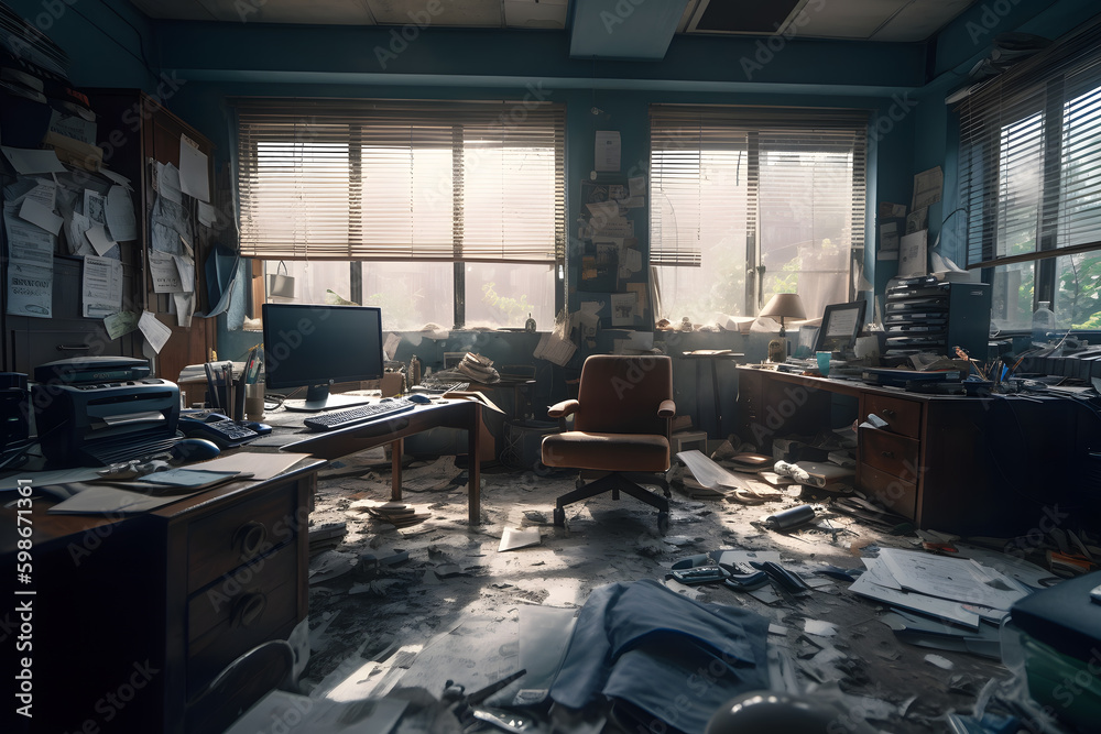 Messy abandoned office after company shut down: the desk is cluttered ...