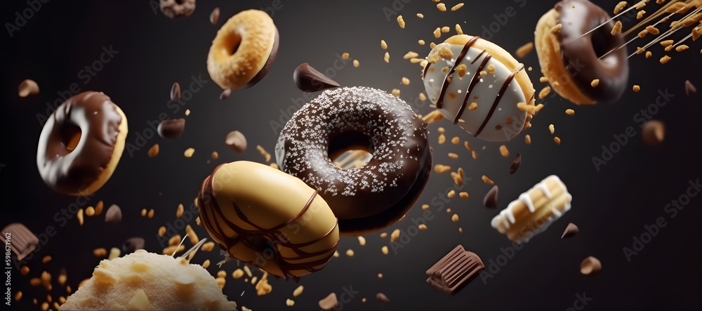 Flying doughnuts with chocolate glaze. Donuts background. Creative food ...