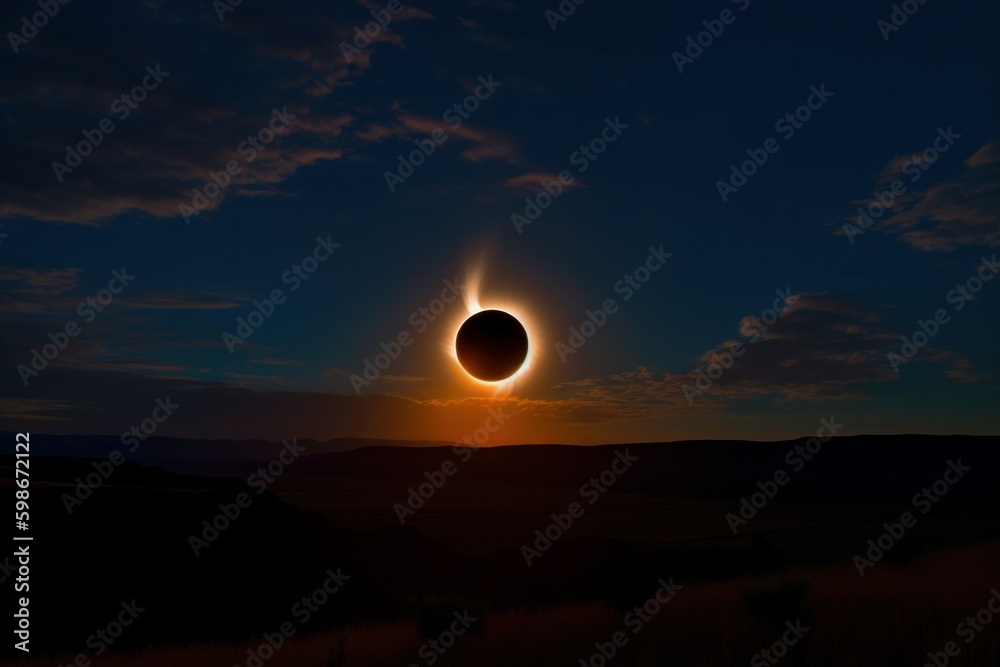 total solar eclipse in dark sky above mountains, mysterious natural ...
