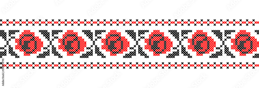 Ukrainian cross stitch roses pattern in red and black colors. Vector ...