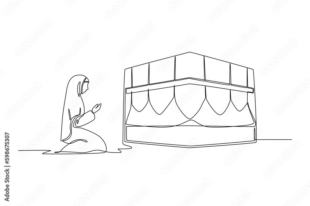 Continuous one line drawing muslimah wearing white traditional clothes ...