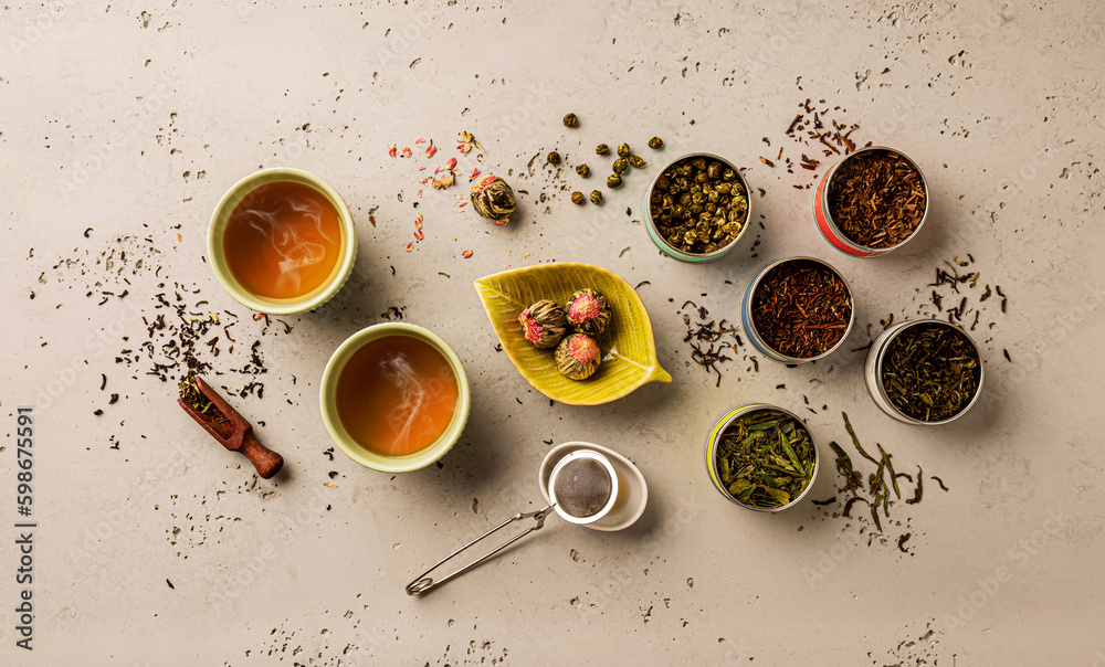 Various types of tea and hot brew in a cups from above (top view, flat ...