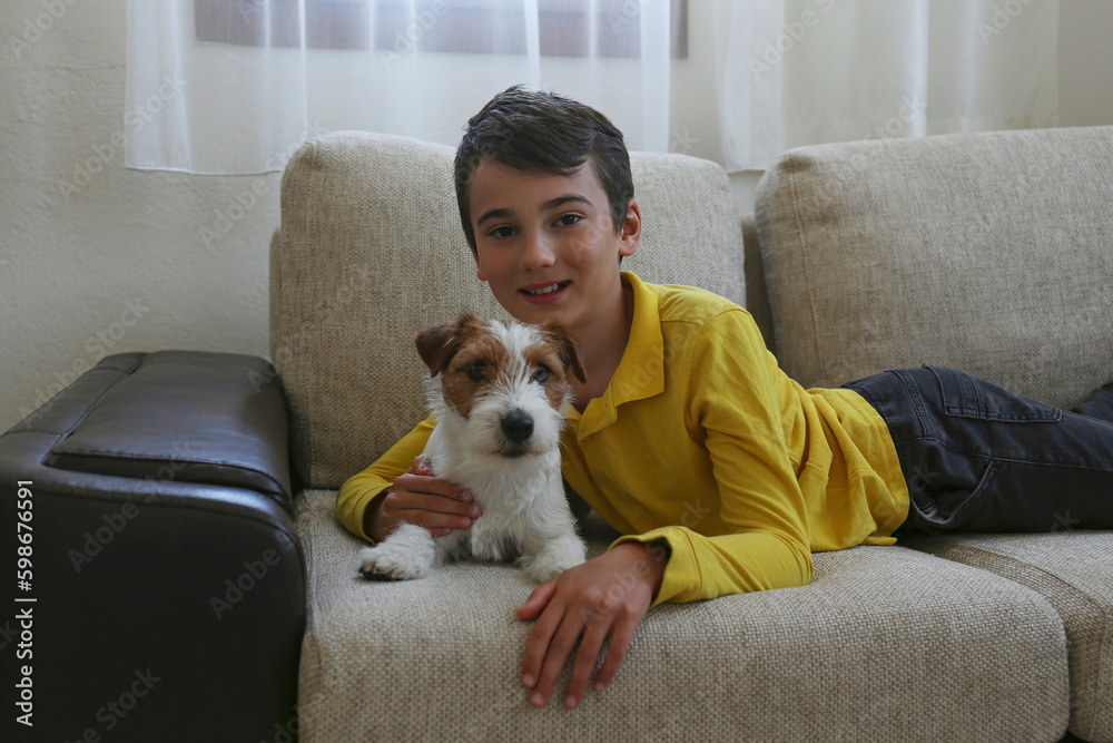 Portrait of 11 year old boy playing with wire haired jack russell ...