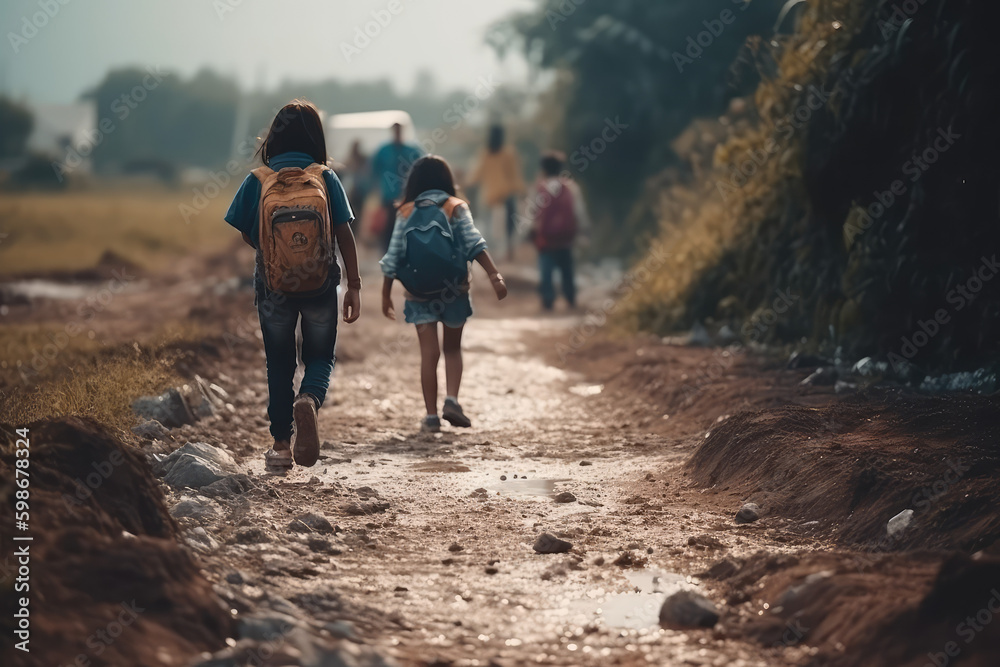 Education Over Obstacles. Children Trek to School on Dirt and Mud ...
