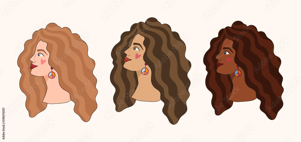 Groovy hippie girls portraits isolated cliparts, 70s retro women face ...