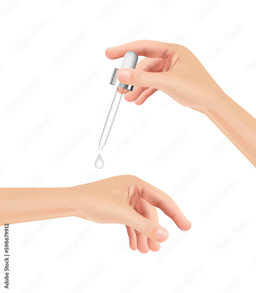 Realistic female hand dripping pipette back of hand on white background ...
