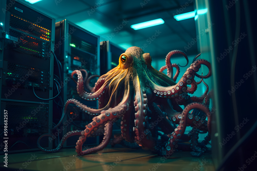 Huge octopus animal clam with tentacles in a server room with computers ...