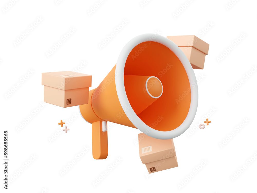 3d cartoon design illustration of Megaphone with parcel boxes ...