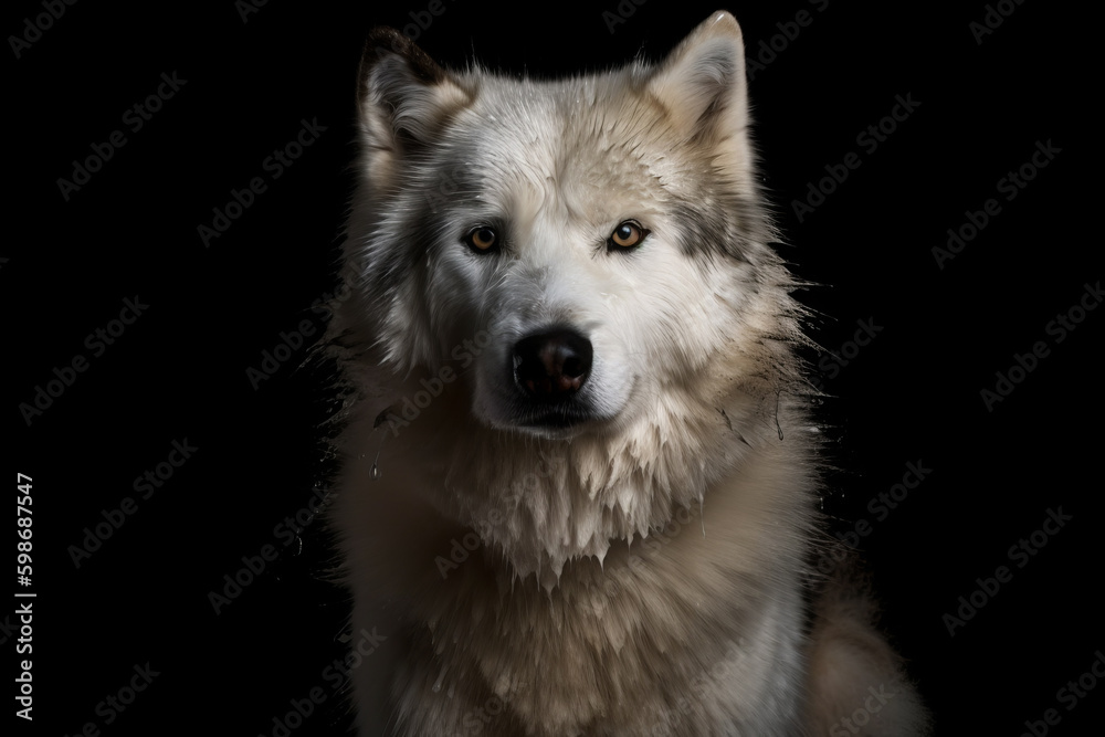 Gray wolf or canis lupus on black background. Wild wolf portrait on ...