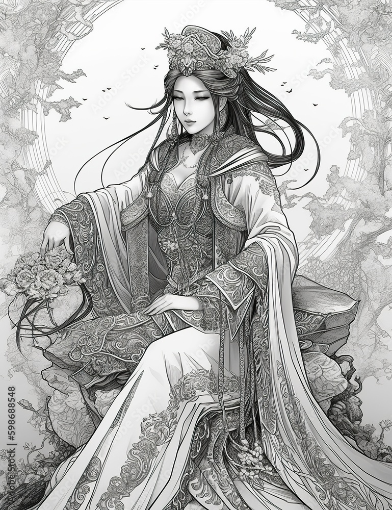 Fantasy character with Asian influences, forest princess, female, black ...
