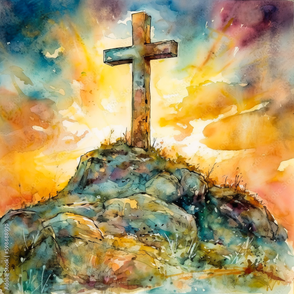 Christian cross on top of the hill, colorful painting. Christianity ...