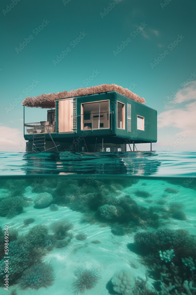 Tiny house, floating boat house in the sea, split view, over water and ...