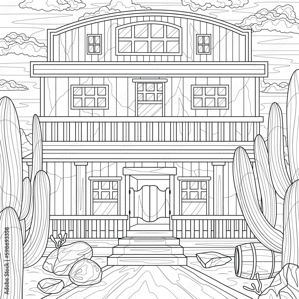 Saloon.Wild West and cacti.Coloring book antistress for children and ...