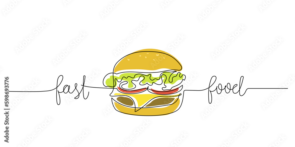 Continuous one line drawing of burger. Single line color drawing of ...