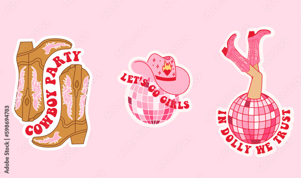 Collection with cowgirl sticker. Cowboy hat, disco ball, boot and ...