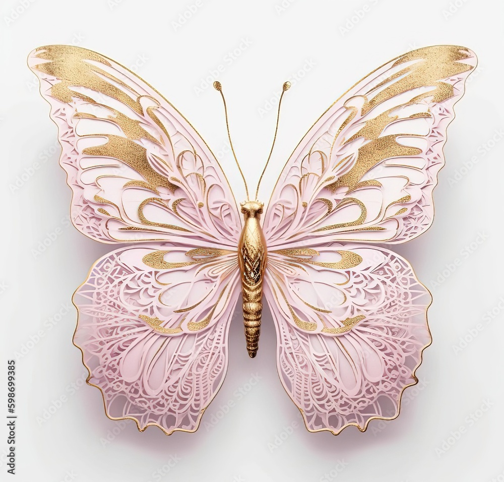 Pink and gold butterfly on white background design for greeting cards ...
