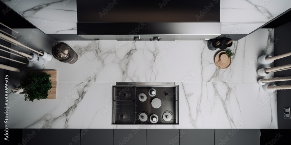 An overhead view of a kitchen with marble counter tops. AI generative ...