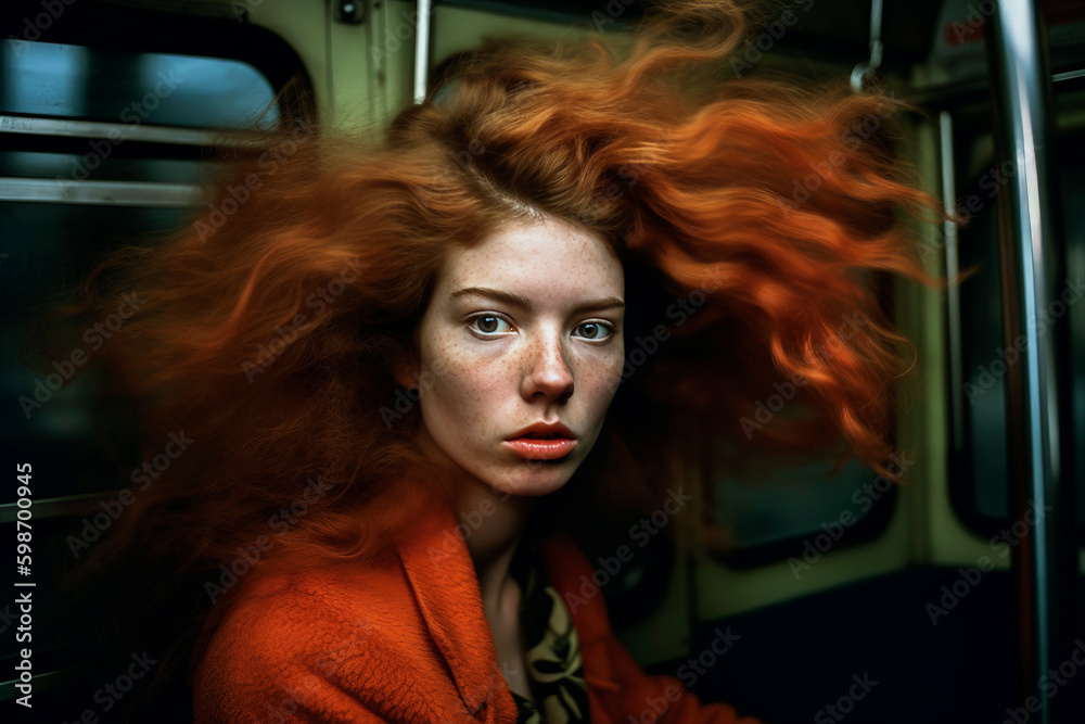 Generative Ai Illustration Beautiful Young Girl With Long Hair In The New York Subway Stock