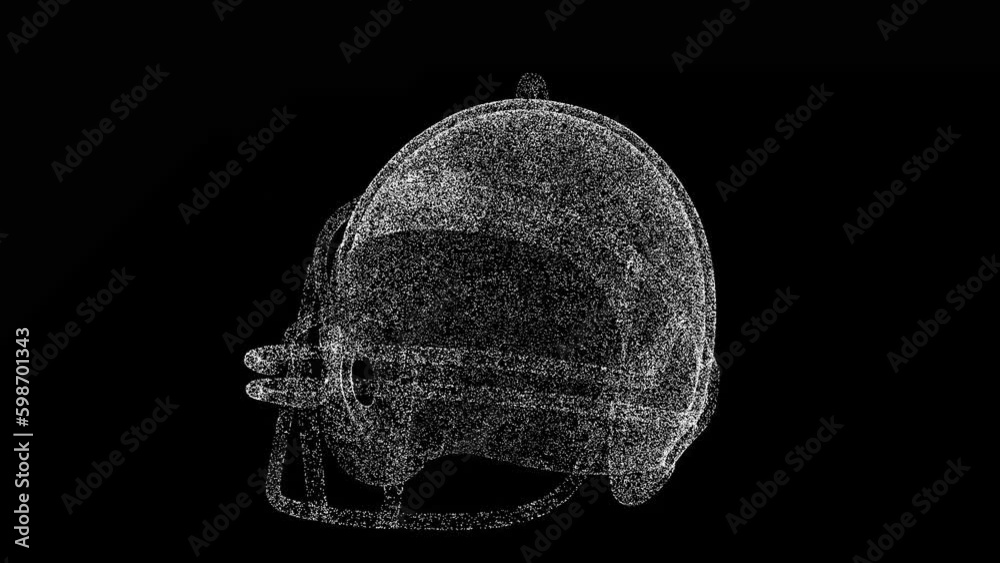 3D football helmet rotates on black background. Object made of ...