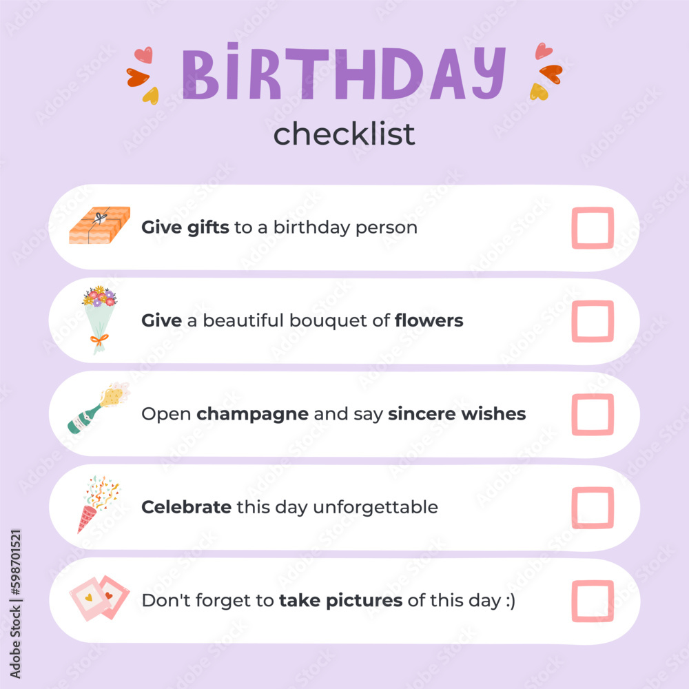 Happy Birthday checklist about party, celebration, holiday with cute ...