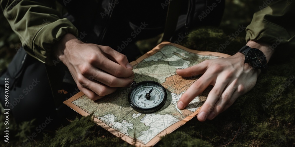 Hands hold a compass and map, plotting a course for an exciting ...