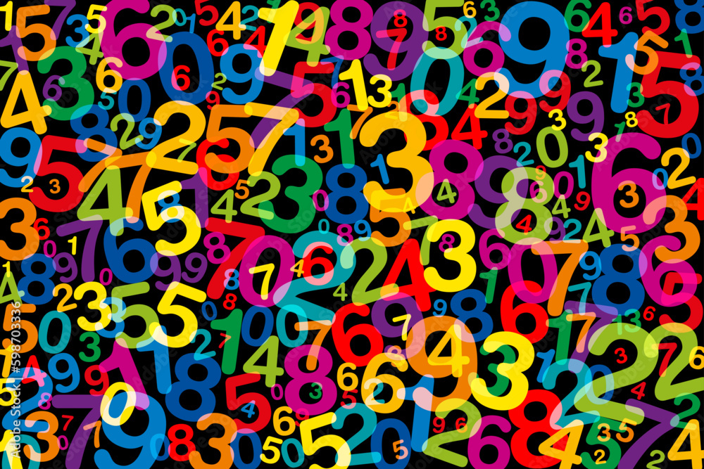 Jumbled colorful numbers, over black. Twisted, randomly distributed ...