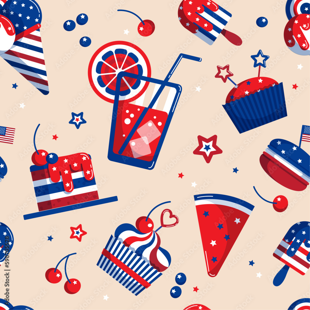 4th of July vector blue-red-white seamless pattern with food, drink ...