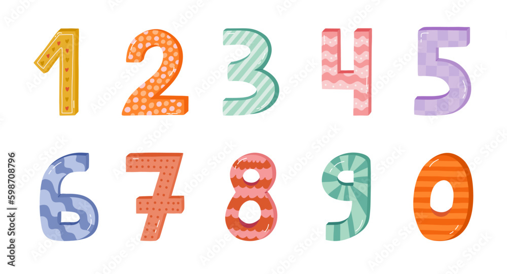 Bold patterned number set in childish naive style. Cute vector numbers ...