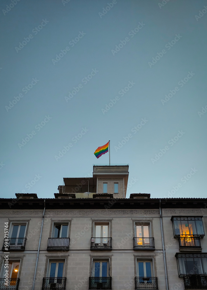 vertical shot of LGBT flag hangin on top of classical architecture ...
