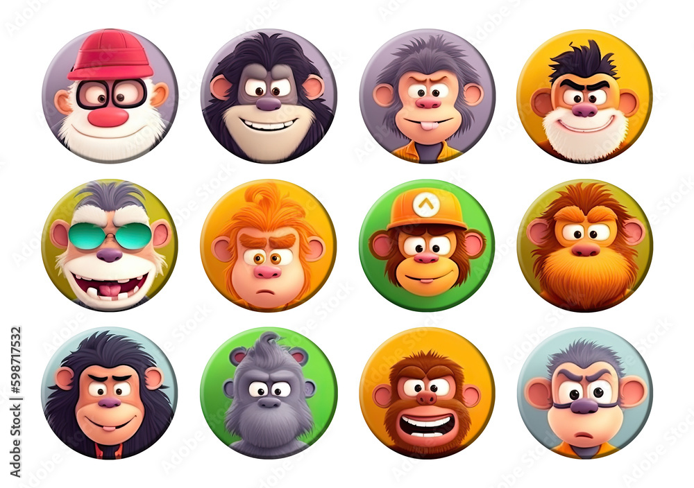 Set of badges of ape persons, avatars, monkey heads of different age ...