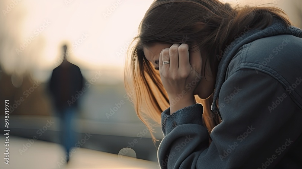 Crying woman against blurred man silhouette, quarrel of lovers outdoor ...