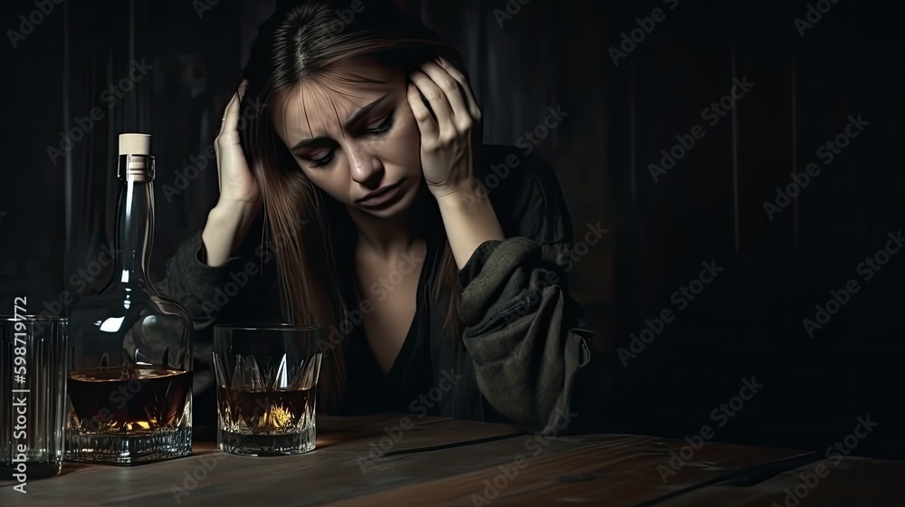 Sad woman alcoholic sitting at table with glass of alcohol, woman ...