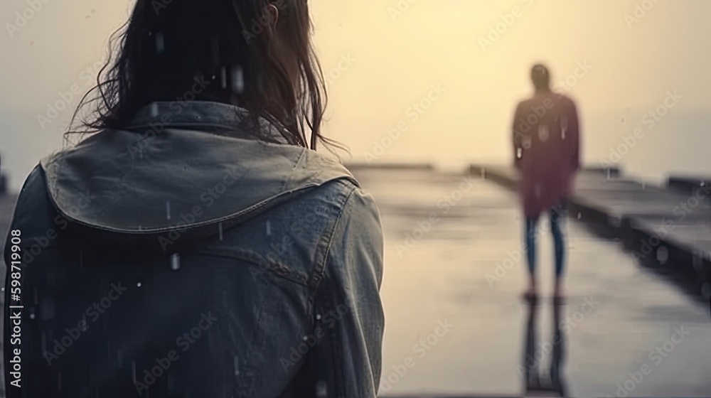 Crying woman against blurred man silhouette, quarrel of lovers outdoor ...