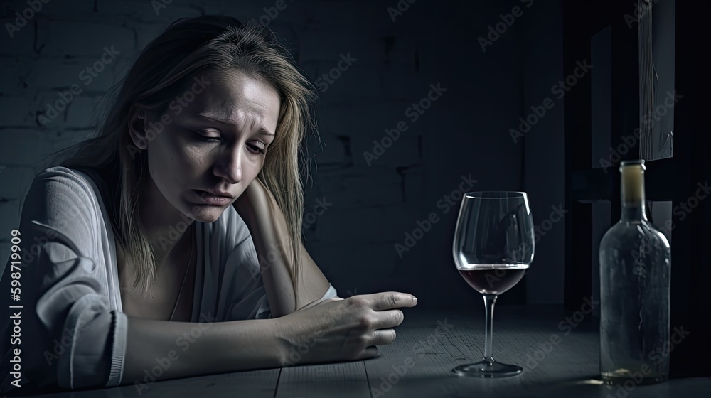 Sad woman alcoholic sitting at table with glass of alcohol, woman ...
