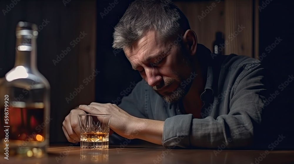 Sad man alcoholic sitting at table with glass of alcohol, man ...